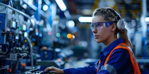Monitoring Assembly Process Female Engineer Operating SCADA System At Control Desk Concept