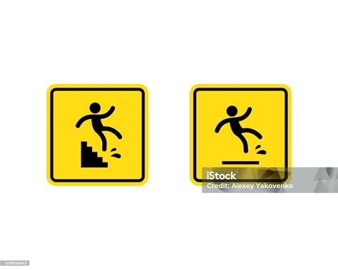 스틱 피겨 남자가 떨어지는 주의 기호 젖은 바닥 계단에 트립 사다리에서 등대 위에 아래로 떨어진다 격리된 흰색 배경의 벡터입니다 Eps 10 떨어짐에 대한 스톡 벡터 아트