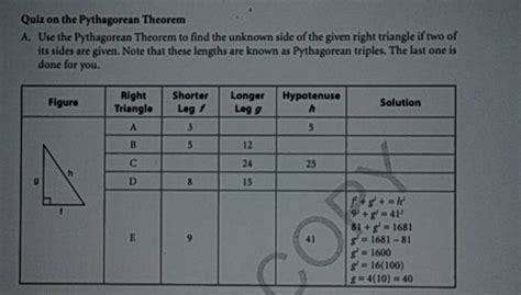 Solved Quiz On The Pythagorean Theorem A Use The Pythagorean Theorem