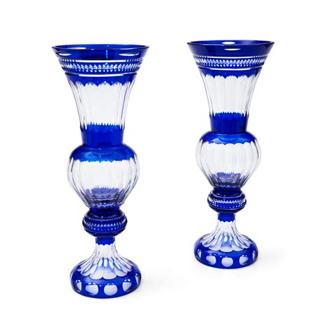 Bonhams Skinner Pair Of Cobalt Cut To Clear Glass Floor Vases Second