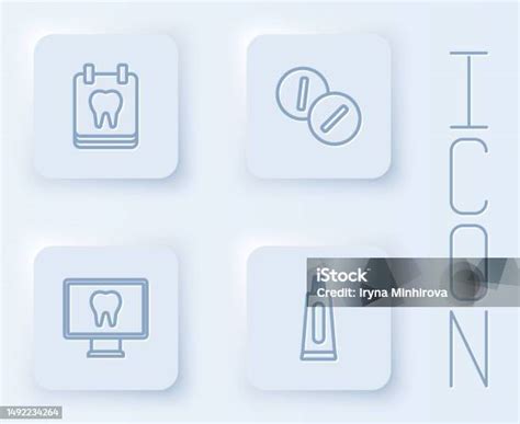 치아 치통 진통제 정제 온라인 치과 치료 및 치약 튜브로 라인 캘린더를 설정하십시오 흰색 사각형 버튼입니다 벡터 건강 진단에 대한 스톡 벡터 아트 및 기타 이미지 Istock