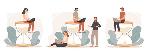시간 관리 모래 시계 샌드 글래스 마감 및 생산 적인 전문가 벡터 일러스트 세트에 작업 하는 사무실 관리자 개념에 대한 스톡