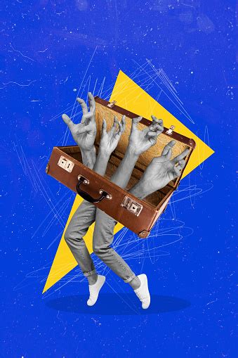 수직 크리 에이 티브 일러스트 레이 션 아트 콜라주 팔 내부 빈티지 슈트 케이스 오래 된 추억 머리가없는 사람 고립 된 블루 컬러 배경 3차원 형태에 대한 스톡 사진 및