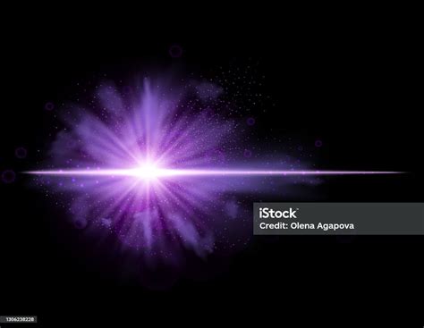반짝이는 광선과 렌즈 플레어 효과로 보라색 버스트 빛나는 별 보라색 반짝이 보케 조명과 마법의 먼지 입자의 버스트 벡터 일러스트레이션 보라색에 대한 스톡 벡터 아트 및 기타