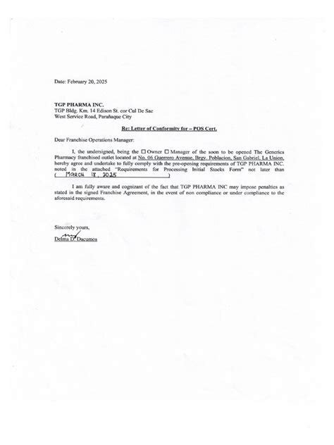 Conformity Letter Pos Cert Pdf