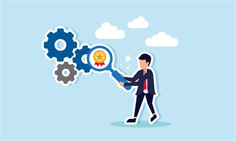 한 사업가가 수상 메달이 표시된 돋보기로 기계 기어를 검사하여 리더로서의 비즈니스 성과를 모니터링하고 평가하는 방법을 보여줍니다 감시에 대한 스톡 벡터 아트 및 기타 이미지