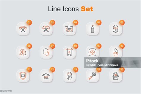세트 라인 중세 왕좌 스파이크 헬멧 플뢰르 드 리스 또는 백합 꽃 방패 왕관 성 탑 십자군 및 깃발 아이콘과 메이스 벡터 아이콘 세트에 대한 스톡 벡터 아트 및 기타 이미지