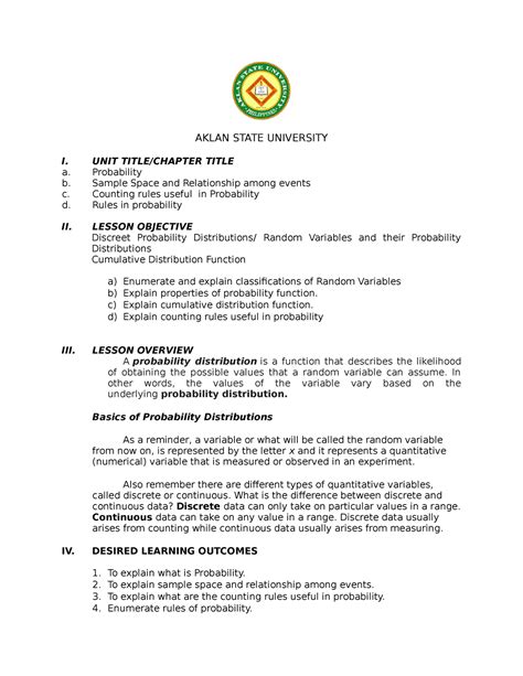 Engineering Data Analysis Probability Aklan State University I Unit Title Chapter Title A