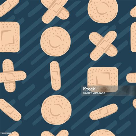 無縫圖案與醫療石膏補丁與不同形狀平面向量插圖條紋藍色背景向量圖形及更多保護圖片 保護 健保和醫療 傷口 Istock