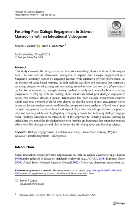 Pdf Fostering Peer Dialogic Engagement In Science Classrooms With An