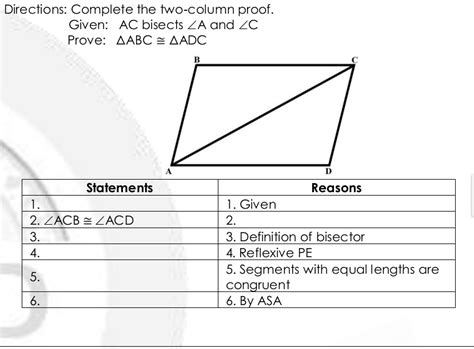 solved directions complete the two column proof given ac bisects ∠