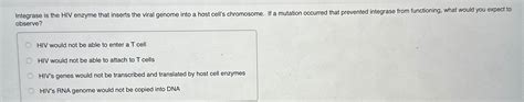 Solved Integrase Is The Hiv Enzyme That Inserts The Viral