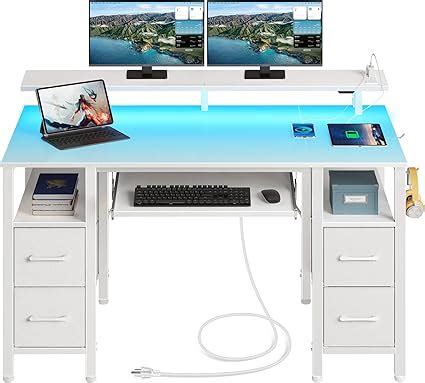 Seventable Computer Desk With LED Lights Power Outlets Home