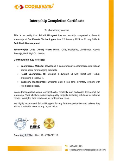 Sakshi Bhagwat On Linkedin Fullstackdevelopment Internship Codelevate