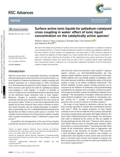 Pdf Surface Active Ionic Liquids For Palladium Catalysed Cross Coupling In Water Effect Of