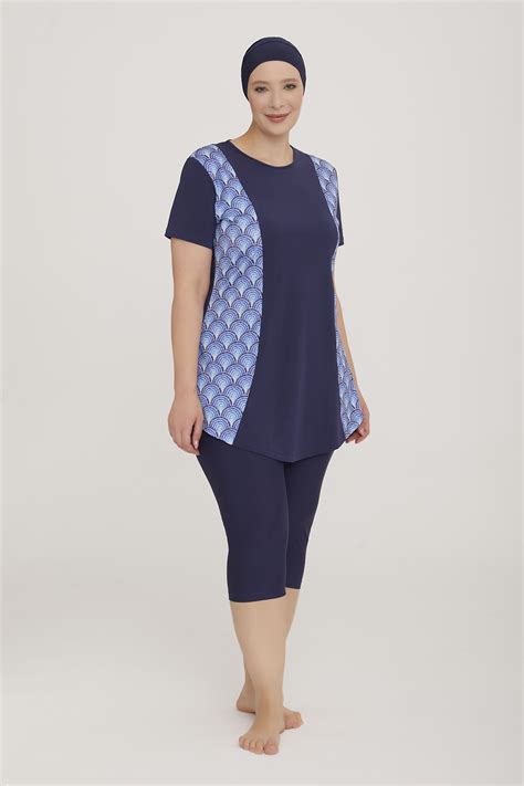 Dark Navy Wave Detail Plus Size Modest Swimwear Burkini Remsa