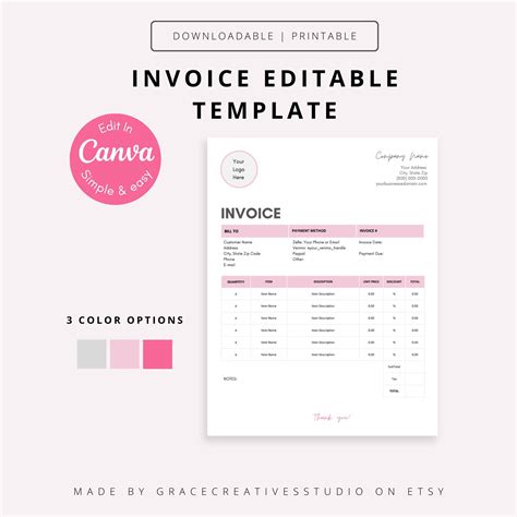 Invoice Template Editable Canva Template Customizable Professional