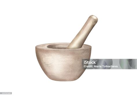 수채화 빈 돌 박격포와 함께 유봉 그림이 흰색에 고립되어 있습니다 요리 향신료 허브를 갈기 위한 주방 화강암 기구 요리 책 동종 요법 요리법 장식을 위해 도자기 그릇에