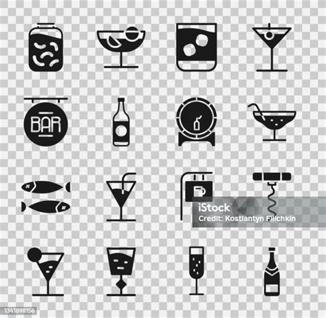 세트 샴페인 병 와인 코르크 나사 칵테일 위스키 유리 맥주 바와 거리 간판 절인 오이 항아리와 랙 아이콘에 나무 배럴 벡터 아이콘에 대한 스톡 벡터 아트 및 기타 이미지