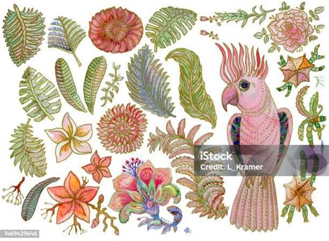 수채화로 그린 열대 꽃 야자수 잎 흰색 배경에 격리된 판타지 앵무새 꽃무늬에 대한 스톡 벡터 아트 및 기타 이미지 꽃무늬 호주앵무새 0명 Istock