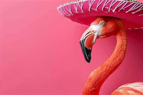 Premium Photo A Pink Flamingo Wearing A Mexican Sombrero Against A