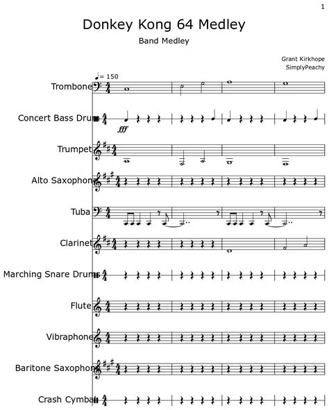 Donkey Kong Medley Sheet Music For Trombone Concert Bass Drum Trumpet Alto Saxophone