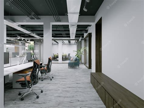 Premium Photo Modern Office Space With Work Tables With Plants 3d