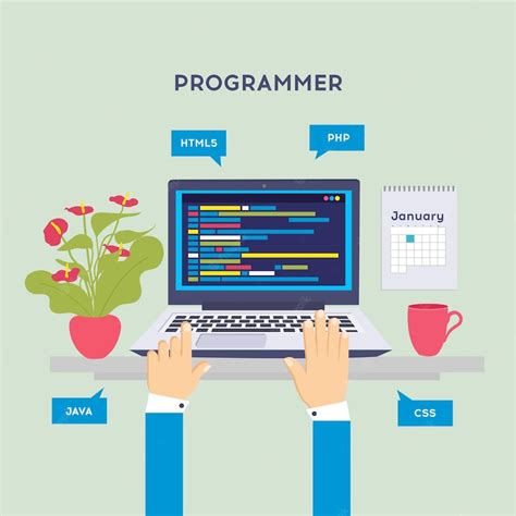 Premium Vector Workplace Of Programmer Or Coder Vector Illustration