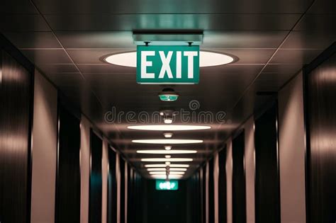 Safety Sign Indicating Emergency Exit Location In Corridor With