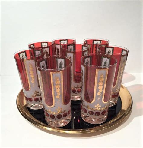 Red And Gold Cera Tumblers Set Of 8 Hollywood Regency Gold Iced Tea