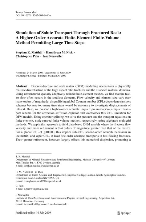 Pdf Simulation Of Solute Transport Through Fractured Rock A Higher Order Accurate Finite