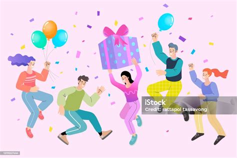 휴일을 축하하는 행복한 사람들의 그룹 남자와 여자는 고립 된 친구와 함께 재미를 선물 상자를 개최합니다 풍선을 가진 사람