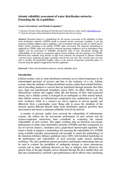 Doc Seismic Reliability Assessment Of Water Distribution Networks Extending The Ala Guidelines