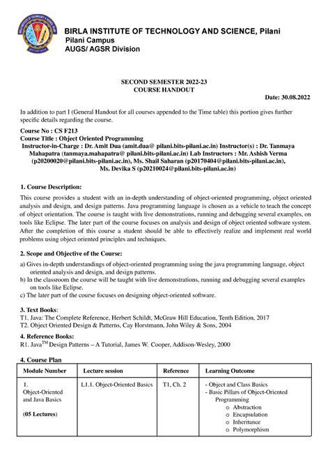 Cs F213 1092 Handout Birla Institute Of Technology And Science