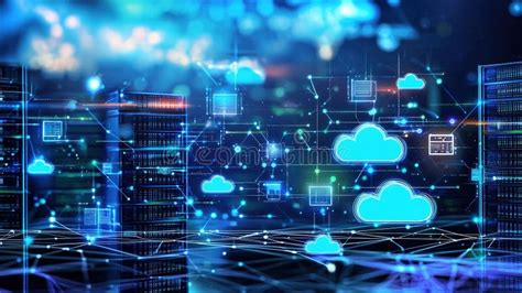 Blue Cloud Symbols Floating Among Data Servers In A Digital Network At Night Representing Cloud
