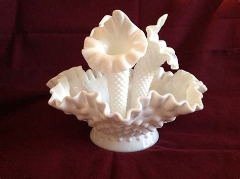 Vintage Milk White Glass Hobnail Vase Bowl Three Stem Tulip Epergne