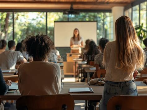 Blurred Classroom Or Seminar Setting With A Speaker In The Background