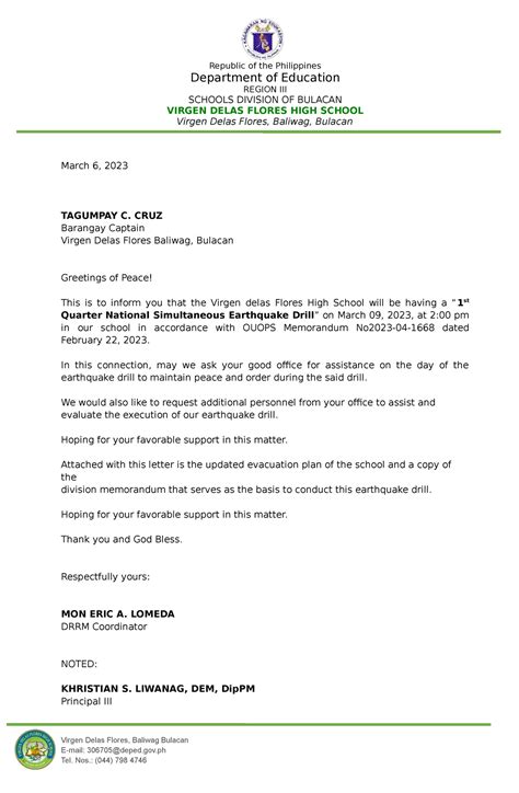 Drrm Letter To Brgy Drrm Department Of Education Region Iii Schools