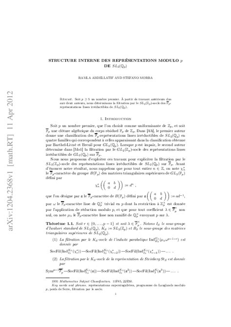 Pdf Structure Interne Des Représentations Modulo P De Sl 2 Mathbb Q P