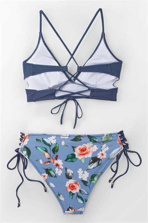 Cupshe Womens Bikini Swimsuit Floral Print Lace Up V Neck Two Piece Bathing Suit Beachwear