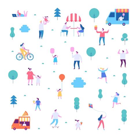 여름 공원 평면 벡터 문자에 작은 사람들 프리미엄 벡터