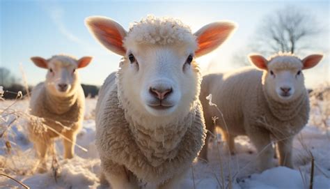 Premium Ai Image Cute Lamb Grazing In Green Meadow Looking At Camera