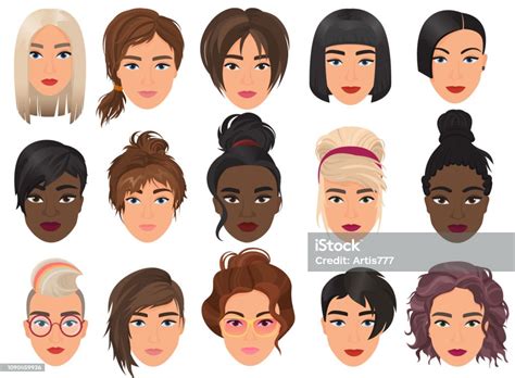 여자 현실적인 자세한 아바타 벡터 일러스트 레이 션을 설정합니다 고립 된 다른 머리 스타일으로 아름 다운 젊은 여자 여성 초상화 여자에 대한 스톡 벡터 아트 및 기타 이미지