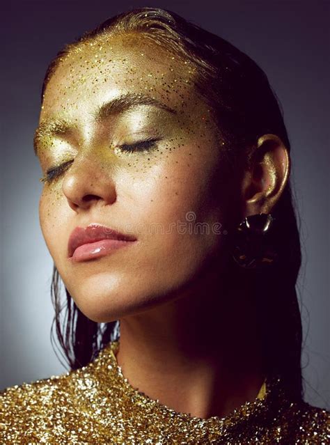 Gold Glitter Face And Black Woman Beauty With Makeup And Smile In