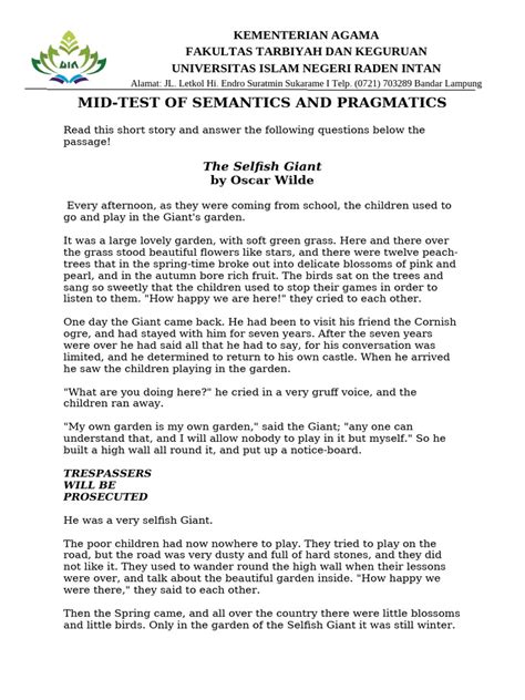 Mid Test Semantics Pdf The Happy Prince And Other Tales Linguistics
