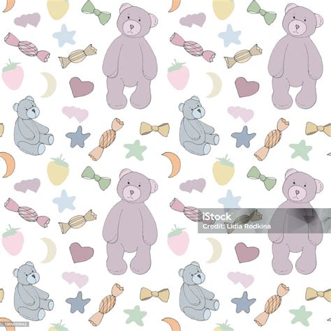 흰색 배경에 두 개의 귀여운 박제 곰 사탕과 별과 원활한 패턴 낙서 스타일 파스텔 색상으로 손으로 그린 그림 0명에 대한 스톡 벡터 아트 및 기타 이미지 Istock