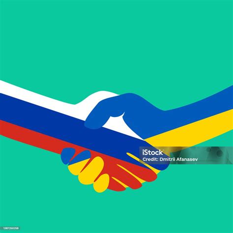 충돌 우크라이나 러시아 러시아와 우크라이나의 국기 화해 우크라이나 휴전 평화 회담 협상 핸드셰이크 로고 벡터 그림입니다