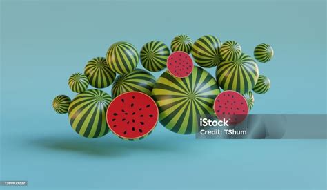 전체 수박과 반 수박이 푸른 배경으로 날아갑니다 3d 렌더링 0명에 대한 스톡 사진 및 기타 이미지 0명 건강한 식생활