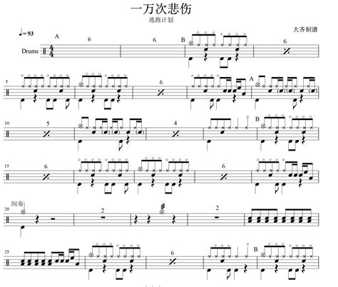 一万次悲伤鼓谱 逃跑计划 一万次悲伤爵士鼓谱 大齐制谱 318曲谱