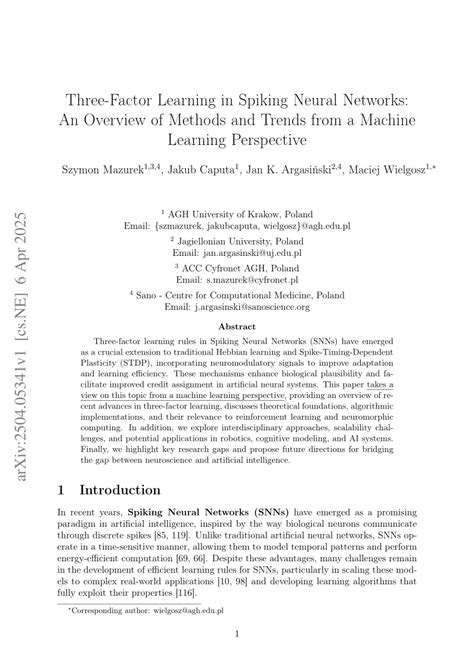 (PDF) Three-Factor Learning in Spiking Neural Networks: An Overview of ...